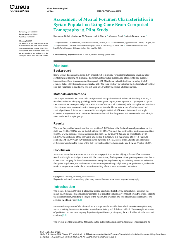 Pdf Assessment Of Mental Foramen Characteristics In Syrian Population Using Cone Beam Computed