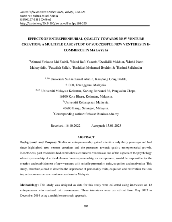(PDF) Effects of Entrepreneurial Quality Towards New Venture Creation ...