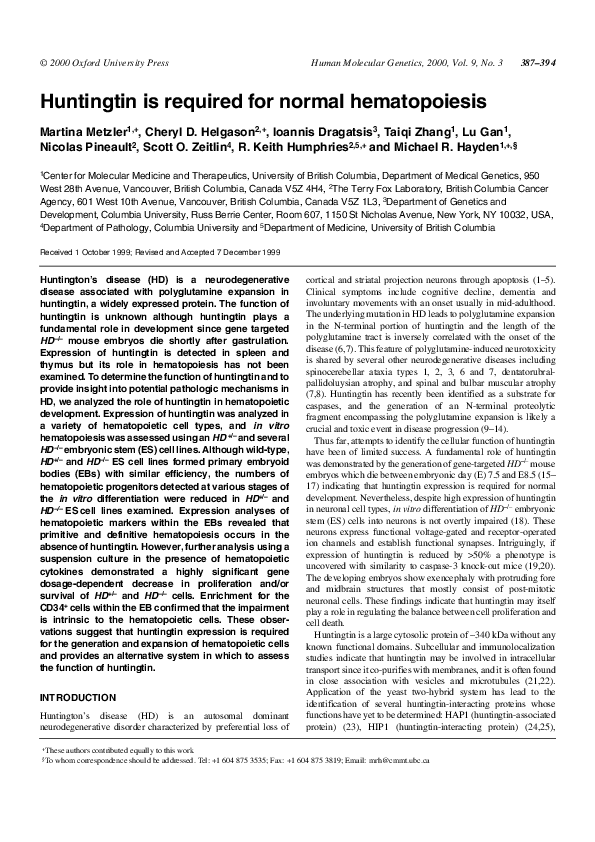 (PDF) Huntingtin is required for normal hematopoiesis