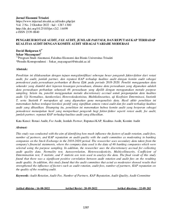 (PDF) Pengaruh Rotasi Audit, Fee Audit, Jumlah Partner, Dan Reputasi Kap Terhadap Kualitas Audit ...