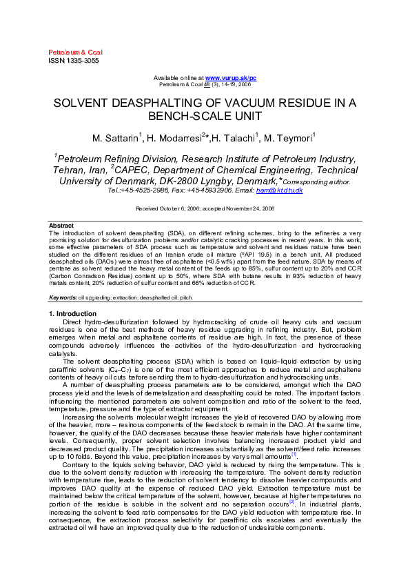 (PDF) Solvent Deasphalting of Vacuum Residue in a Bench-Scale Unit