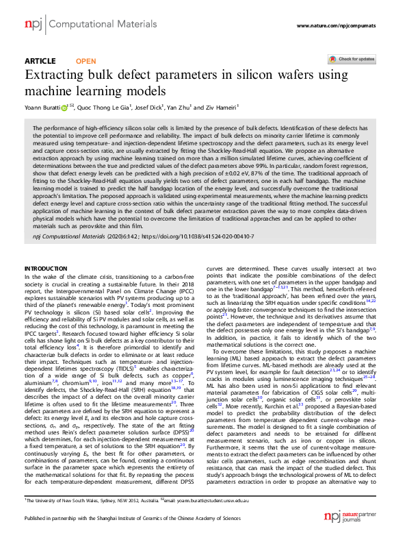 Pdf Extracting Bulk Defect Parameters In Silicon Wafers Using Machine Learning Models