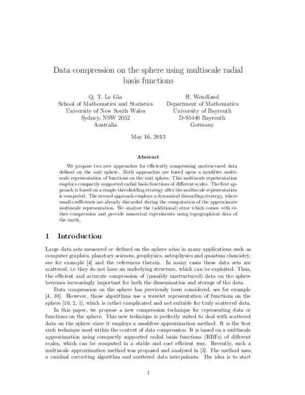 (PDF) Data compression on the sphere using multiscale radial basis function approximation
