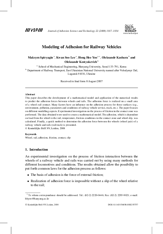 (PDF) Modeling of Adhesion for Railway Vehicles