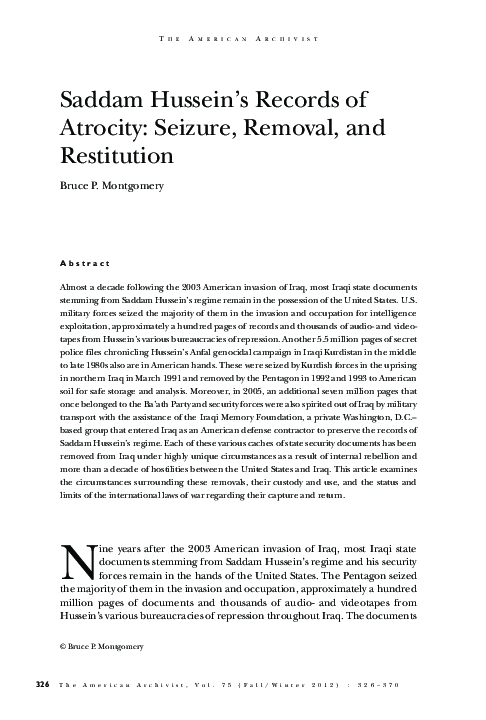 (PDF) Saddam Hussein's Records of Atrocity: Seizure, Removal, and Restitution