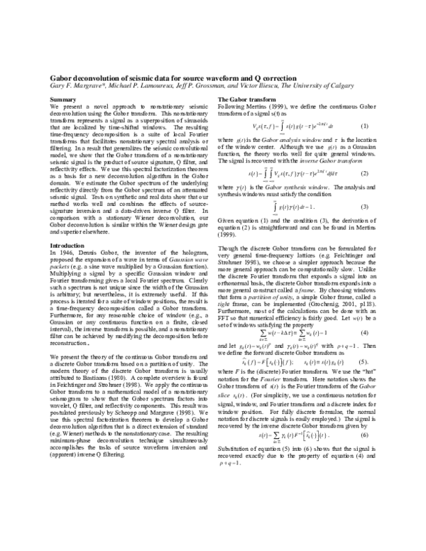 (PDF) Gabor deconvolution of seismic data for source waveform and Q correction