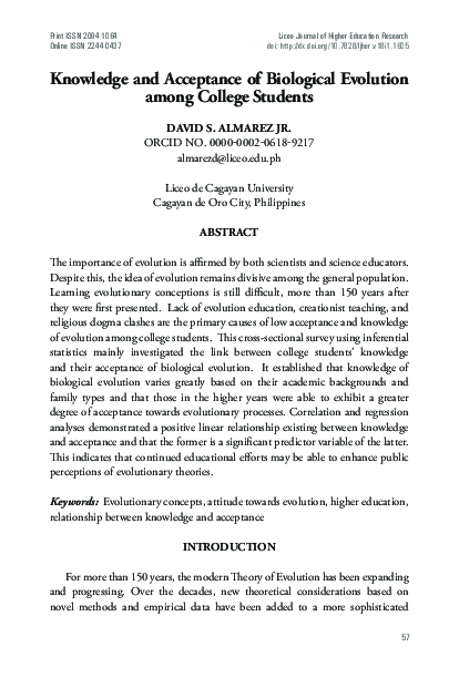 (PDF) Knowledge and Acceptance of Biological Evolution among College Students