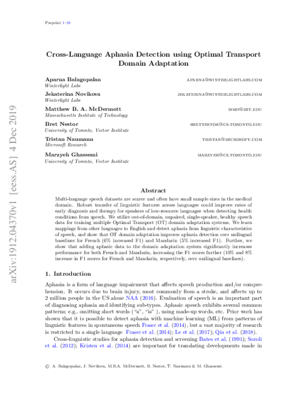 (PDF) Cross-Language Aphasia Detection using Optimal Transport Domain Adaptation
