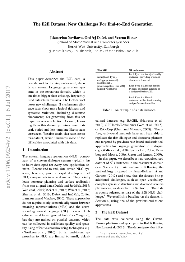 (PDF) The E2E Dataset: New Challenges For End-to-End Generation