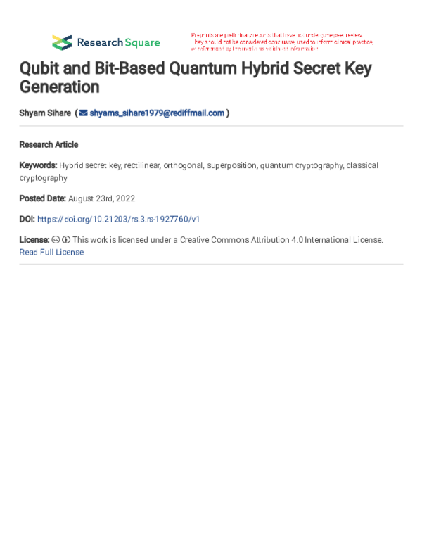 (PDF) Qubit and bit-based quantum hybrid secret key generation