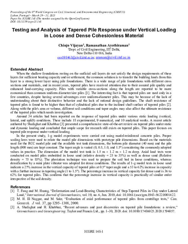 (PDF) Testing and Analysis of Tapered Pile Response under Vertical ...