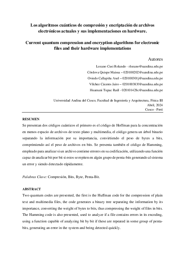 (PDF) Los algoritmos cuanticos de compresion y encriptacion de archivos electronicos actuales 2024