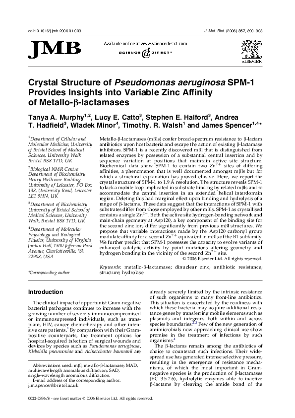 (PDF) Crystal Structure of Pseudomonas aeruginosa SPM-1 Provides ...