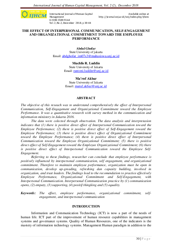 (PDF) The Effect of Interpersonal Communication, Self Engagement and ...