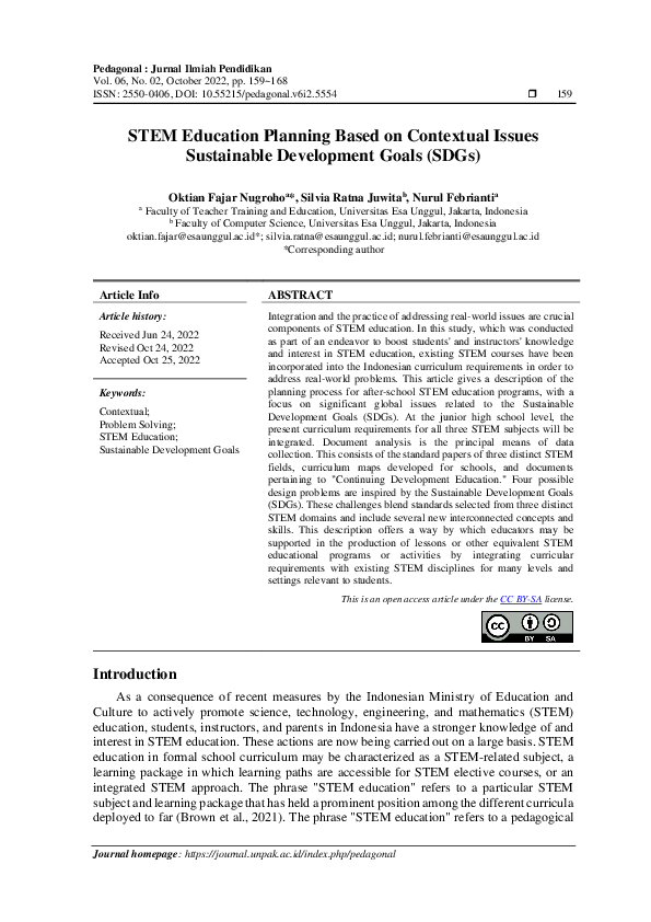 (PDF) STEM Education Planning Based on Contextual Issues Sustainable Development Goals (SDGs)