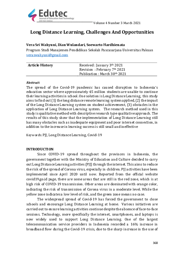(PDF) Long Distance Learning, Challenges And Opportunities