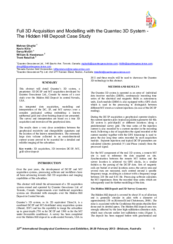 (PDF) Full 3D Acquisition and Modelling with the Quantec 3D System - The Hidden Hill Deposit ...