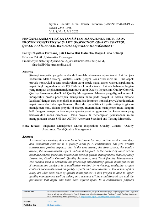 (PDF) Pengaplikasian Tingkatan Sistem Manajemen Mutu pada Proyek ...