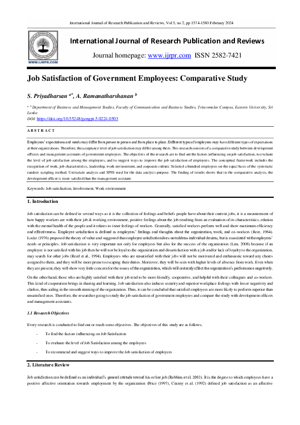 (PDF) Job Satisfaction of Government Employees: Comparative Study
