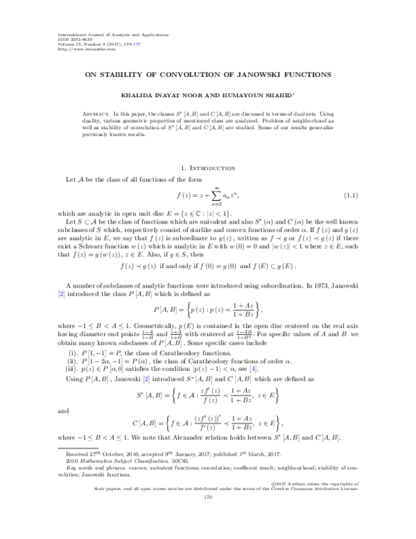 (PDF) On Stability of Convolution of Janowski Functions