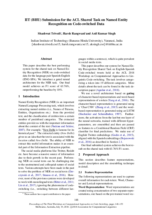 IIT (BHU) Submission for the ACL Shared Task on Named Entity Recognition on Code-switched Data