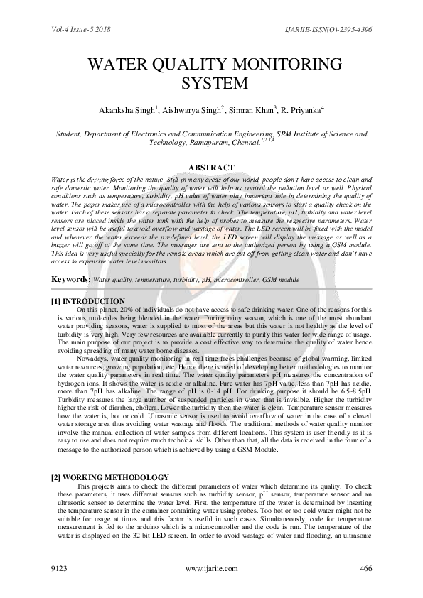 (PDF) IoT Based Water Quality Monitoring System (PDF) IoT Based Water Quality Monitoring System