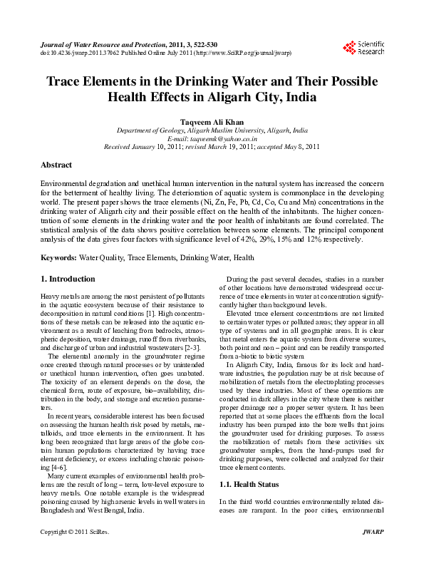 (PDF) Trace Elements in the Drinking Water and Their Possible Health Effects in Aligarh City ...