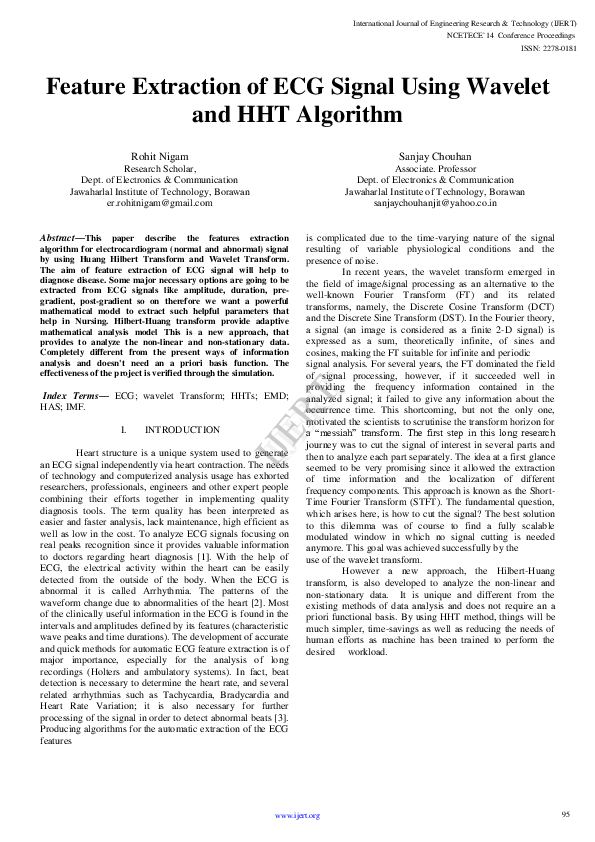 Pdf Feature Extraction Of Ecg Signal Using Wavelet And Hht Algorithm