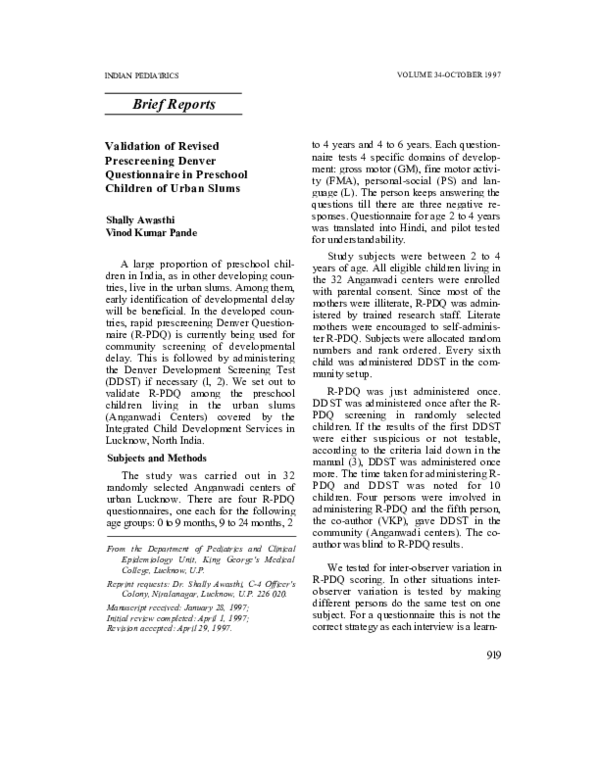 (PDF) Validation of revised prescreening Denver Questionnaire in ...