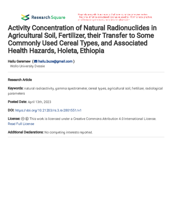 (PDF) Activity Concentration of Natural Radionuclides in Agricultural ...