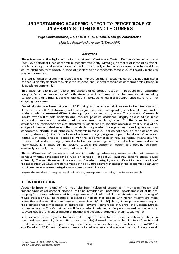 (PDF) Understanding Academic Integrity: Perceptions of University ...