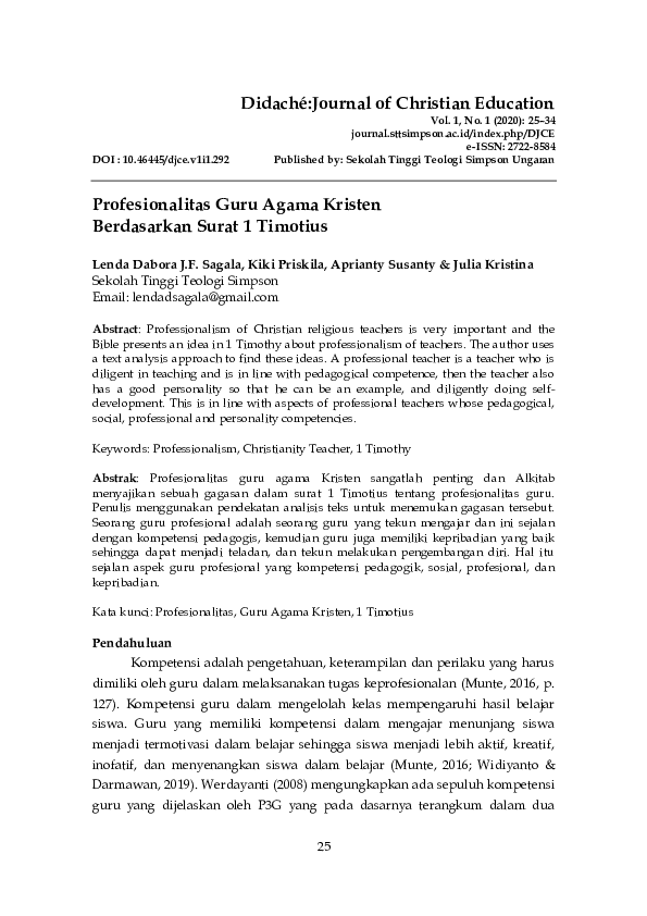 (PDF) Profesionalitas Guru Agama Kristen Berdasarkan Surat 1 Timotius