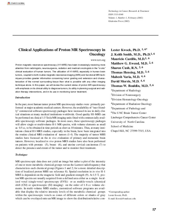 (PDF) Clinical applications of proton MR spectroscopy in oncology