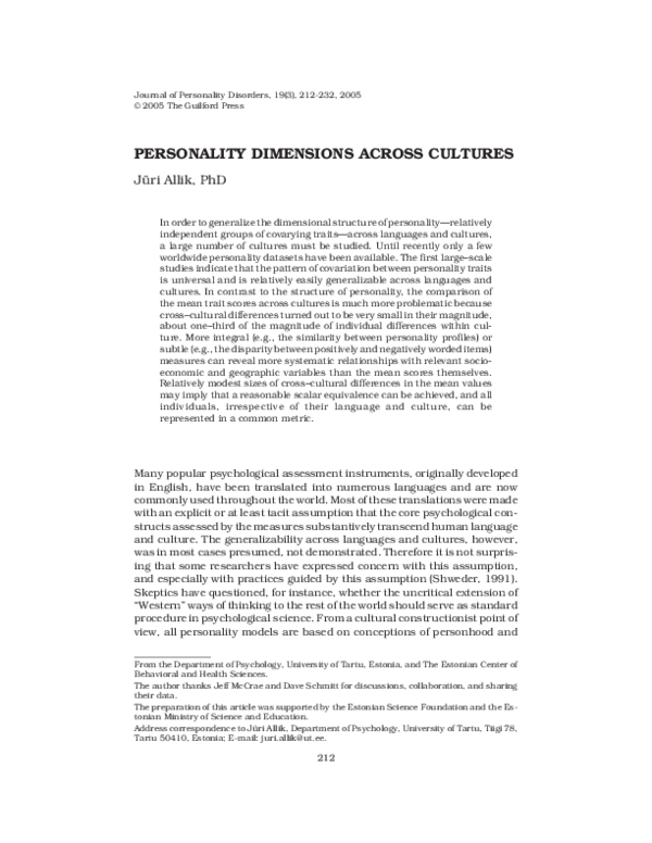 (PDF) Personality Dimensions Across Cultures