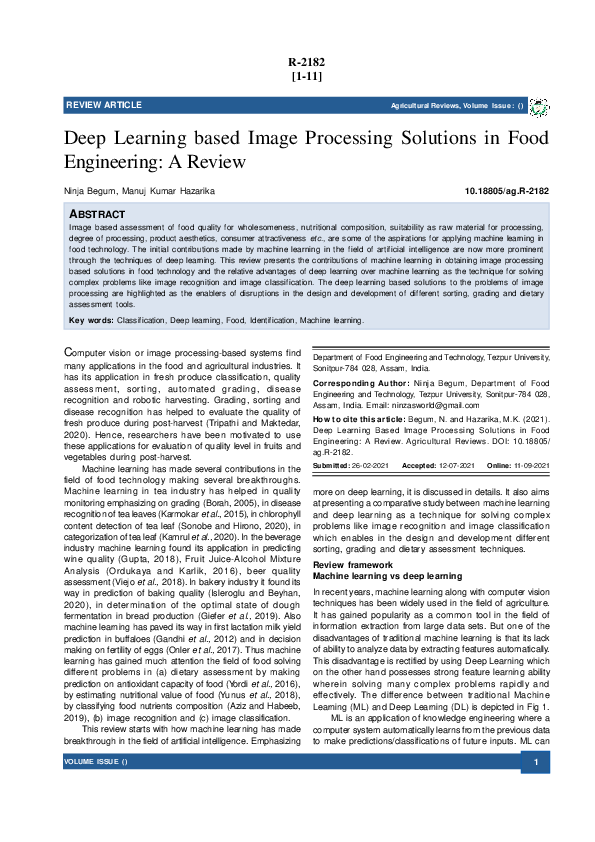 (PDF) Deep Learning based Image Processing Solutions in Food Engineering: A Review