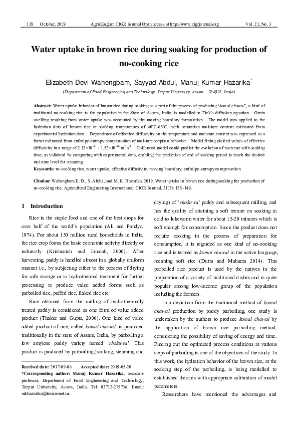 (PDF) Water Uptake in Brown Rice during Soaking for Production of No ...