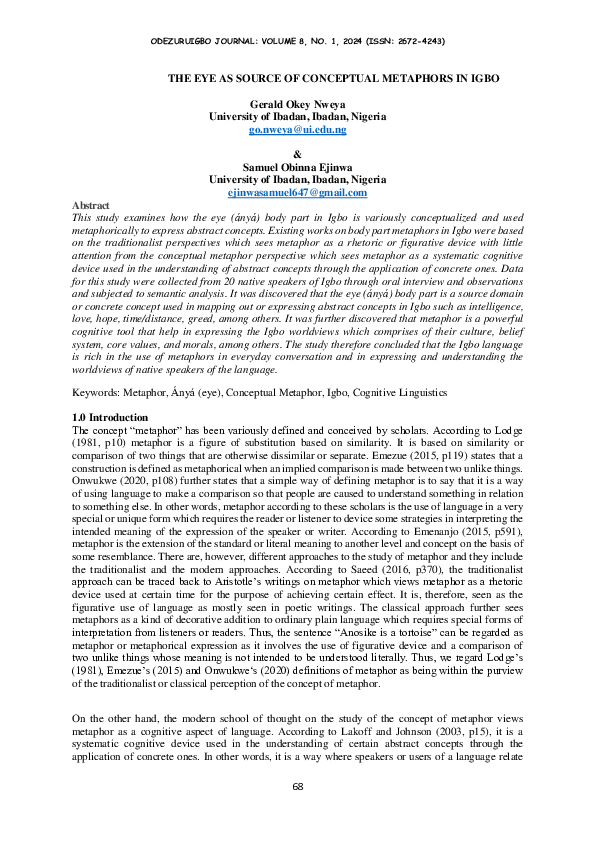 (PDF) THE EYE AS SOURCE OF CONCEPTUAL METAPHORS IN IGBO
