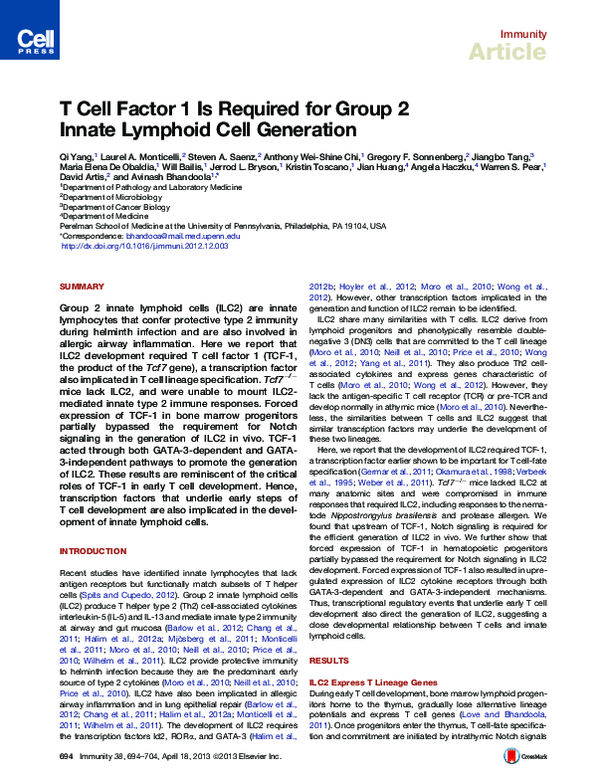 (PDF) T Cell Factor 1 Is Required for Group 2 Innate Lymphoid Cell ...