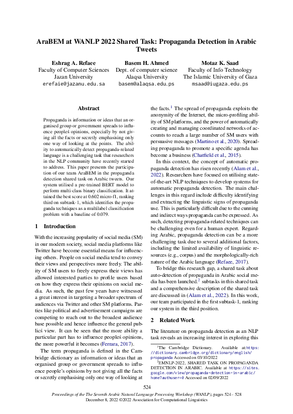 (PDF) AraBEM at WANLP 2022 Shared Task: Propaganda Detection in Arabic Tweets