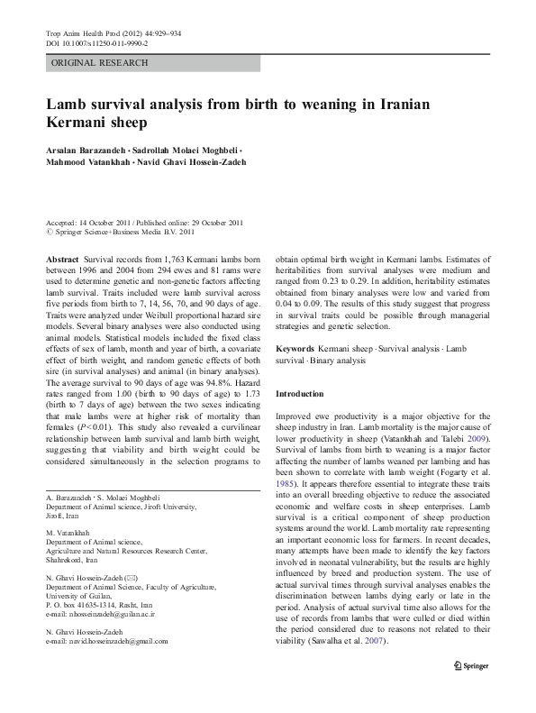 (PDF) Lamb survival analysis from birth to weaning in Iranian Kermani sheep