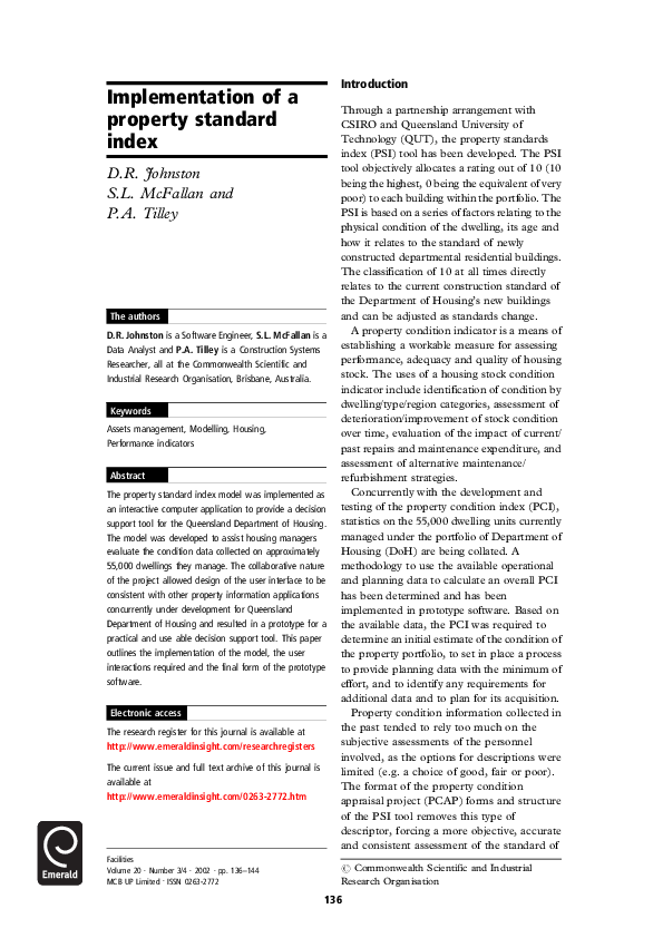 (PDF) Implementation of a property standard index