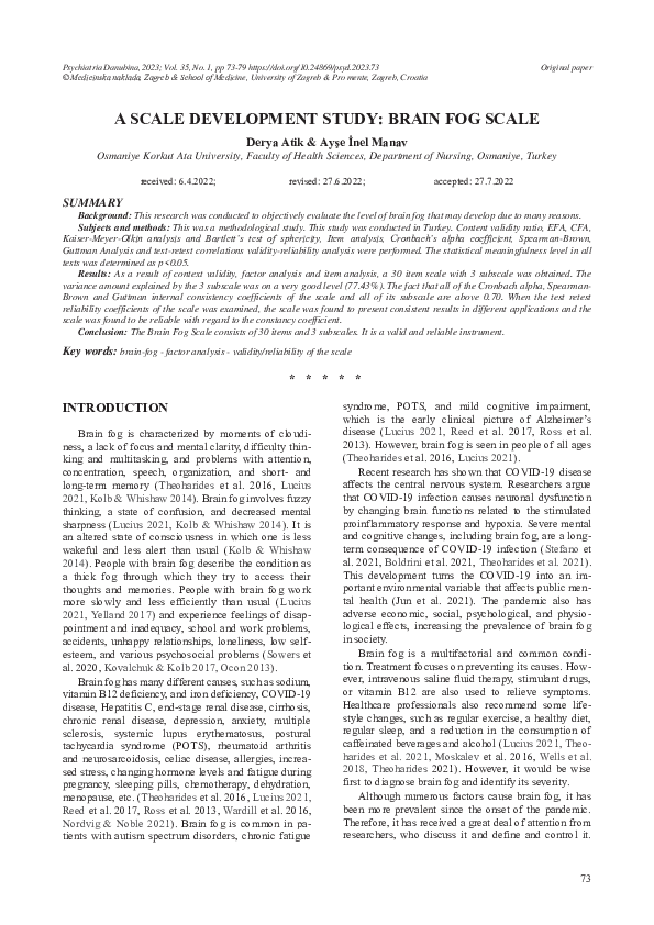 (PDF) A Scale Development Study: Brain Fog Scale