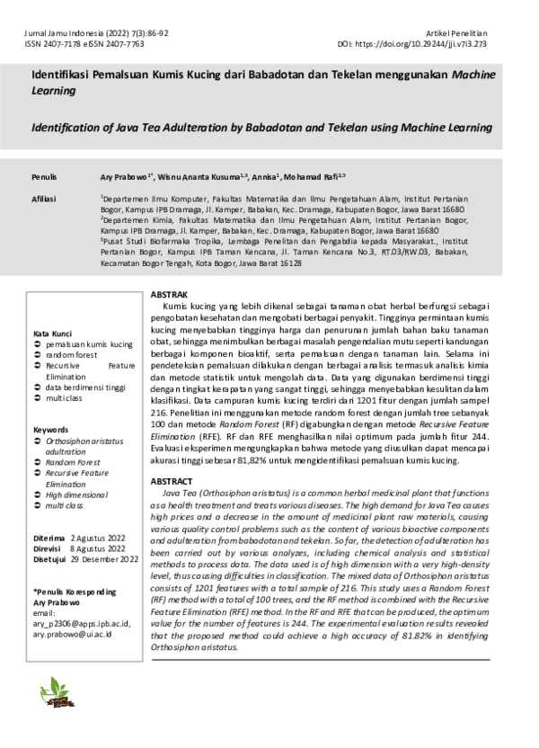 (PDF) Identification of Java Tea Adulteration by Babadotan and Tekelan using Machine Learning