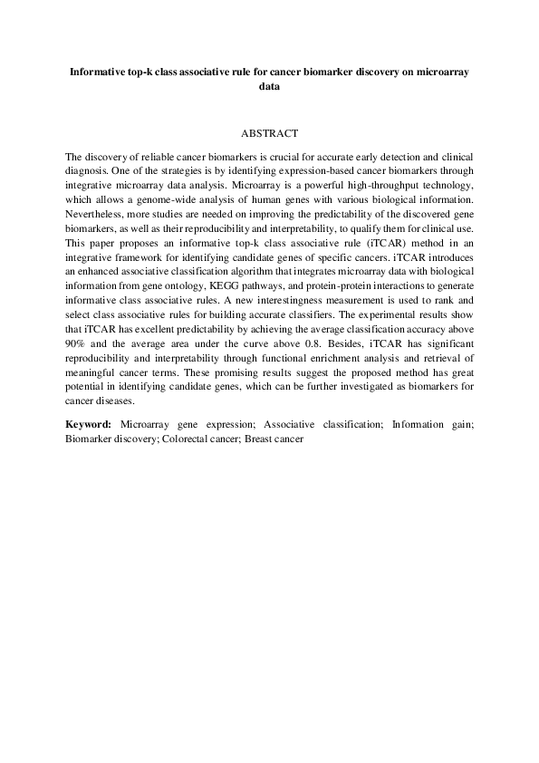 (PDF) Informative top-k class associative rule for cancer biomarker discovery on microarray data