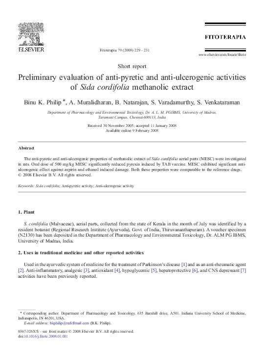 (PDF) Preliminary evaluation of anti-pyretic and anti-ulcerogenic activities of Sida cordifolia ...