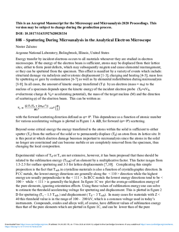 (PDF) Sputtering During Microanalysis in the Analytical Electron Microscope