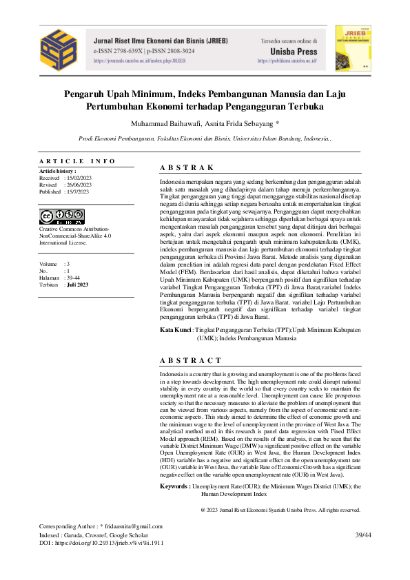 (PDF) Pengaruh Upah Minimum, Indeks Pembangunan Manusia dan Laju Pertumbuhan Ekonomi terhadap ...