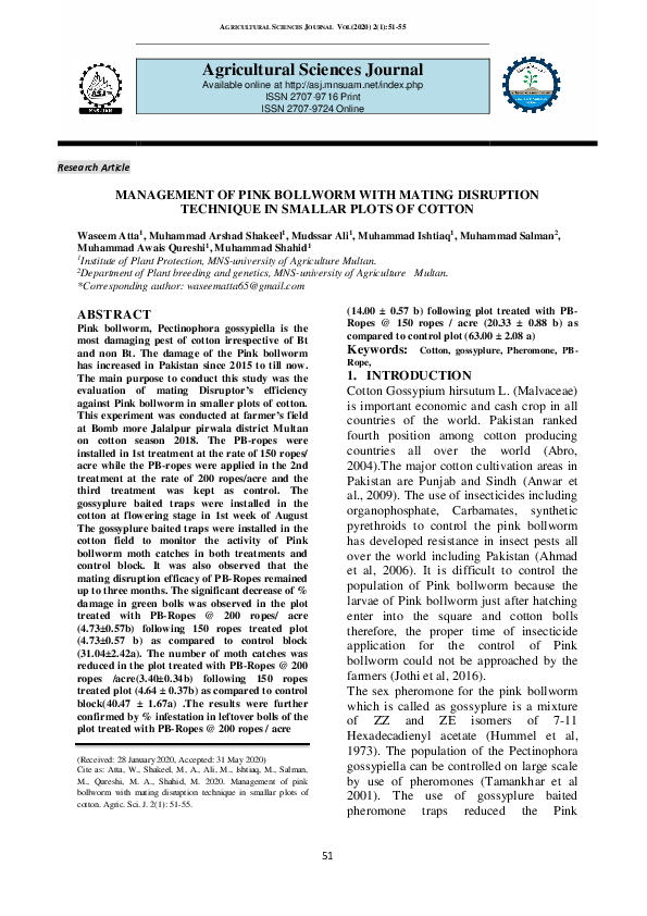 (PDF) Management of Pink Bollworm with Mating Disruption Technique in ...