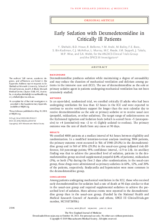 (PDF) Early Sedation with Dexmedetomidine in Critically Ill Patients
