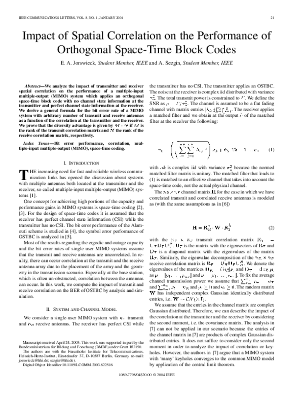(PDF) Impact of Spatial Correlation on the Performance of Orthogonal Space-Time Block Codes